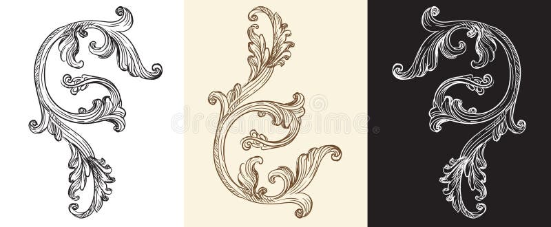 3 Colors Set Hand Drawing Baroque Design Element Set Vector Stock ...