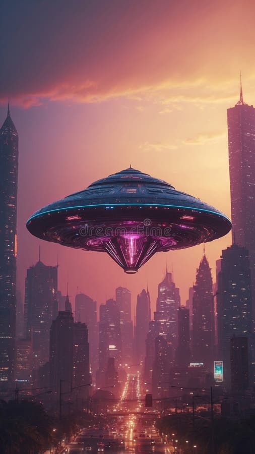 A Colossal Alien Spaceship Hovering Above a Neon-lit City on a Distant ...