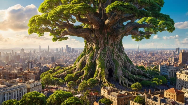 A Colossal Ancient Tree Towers Over a Sprawling Cityscape Under a ...