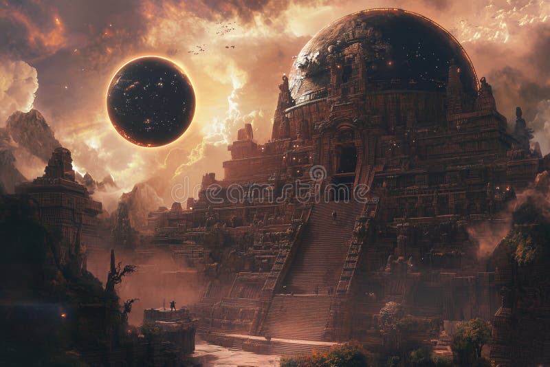 Colossal Aztec Eclipse Machine Stands Against a Dramatic Backdrop of an ...