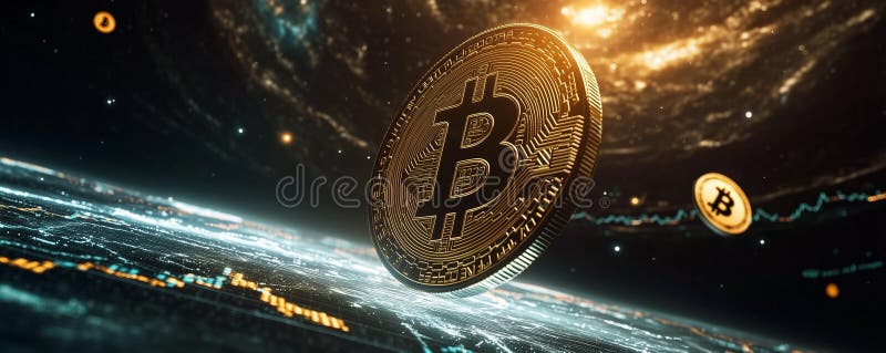 Colossal Bitcoin Coin Floating Majestically in the Vastness of Space Surrounded by Stars and ...