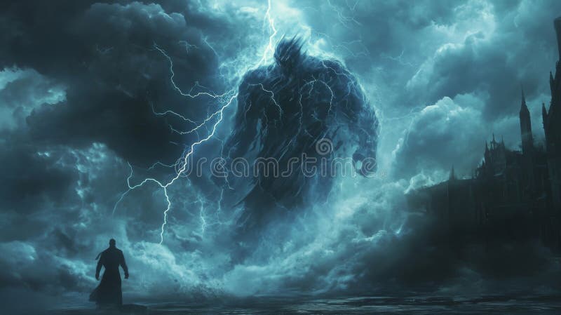 Colossal Blue Giant and Lightning Storm Over Dark Castle Stock ...