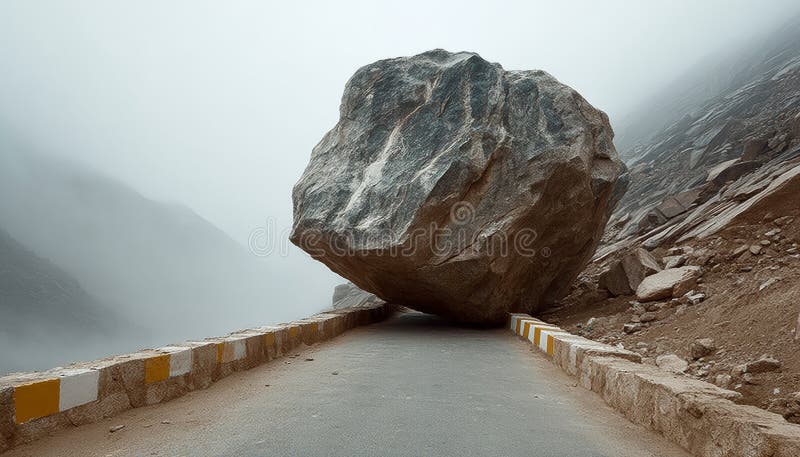 Colossal Boulder Blocks Misty Mountain Road, Symbolizing Isolation and ...