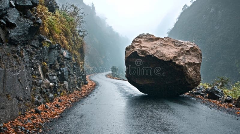 Colossal Boulder Blocks Misty Mountain Road, Symbolizing Natural Power ...