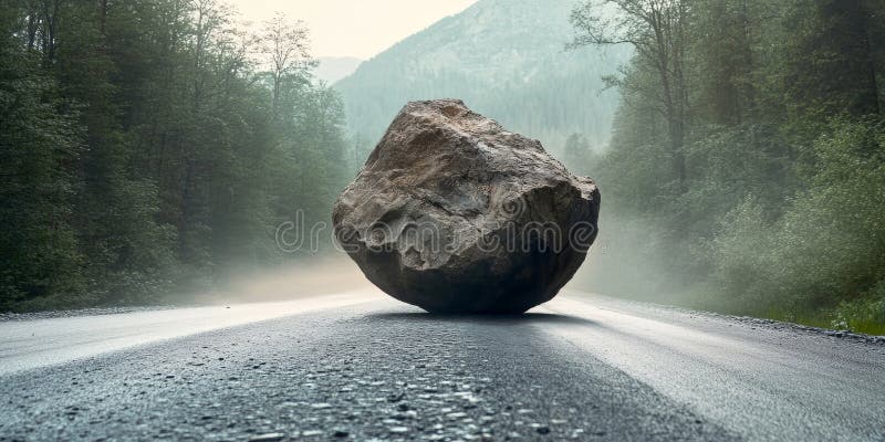 Colossal Boulder Blocks Misty Mountain Road, Symbolizing Nature S Power ...