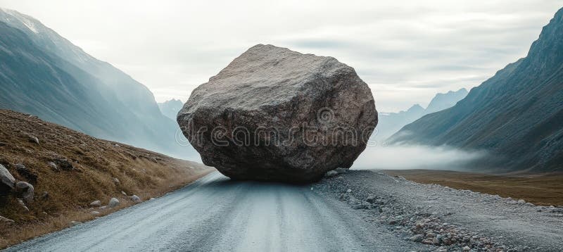 Colossal Boulder Blocks a Misty Mountain Road, Symbolizing Obstacles ...