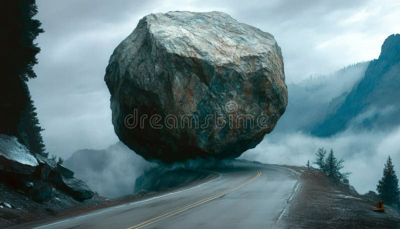 Colossal Boulder Blocks Misty Mountain Road, Symbolizing Power of ...