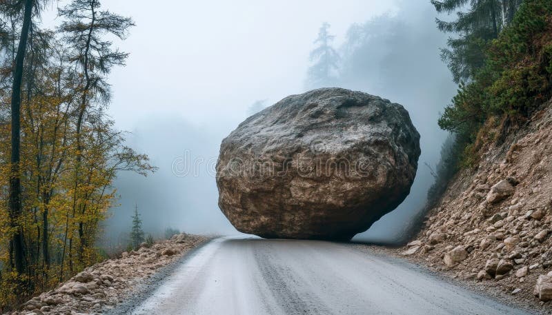 Colossal Boulder Blocks Misty, Secluded Mountain Road, Symbolizing ...