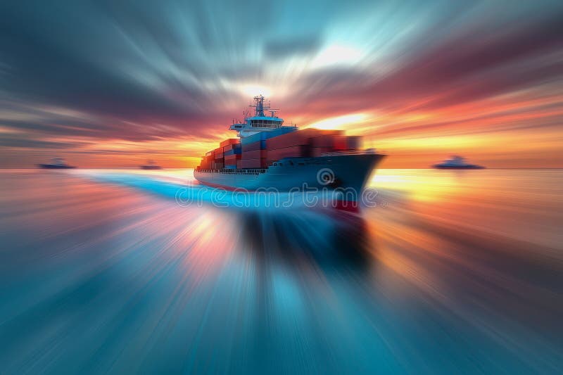 Colossal Cargo Ship Sailing at Sunset, Reflecting Vibrant Colors in the ...