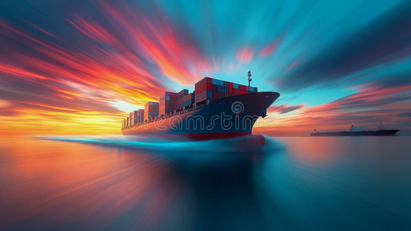 Colossal Cargo Ship Sailing at Sunset, Reflecting Vibrant Colors in the ...