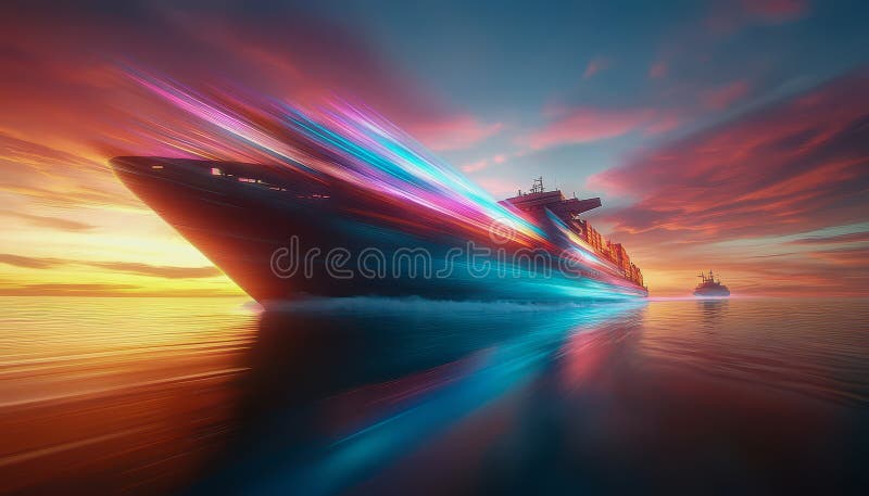 Colossal Cargo Ship Sailing at Sunset, Reflecting Vibrant Colors in the ...