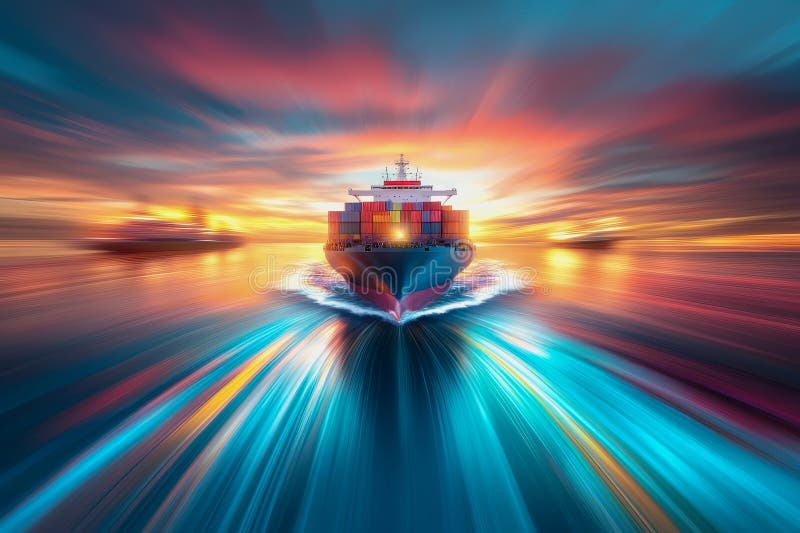 Colossal Cargo Ship Sailing at Sunset, Reflecting Vibrant Colors in the ...