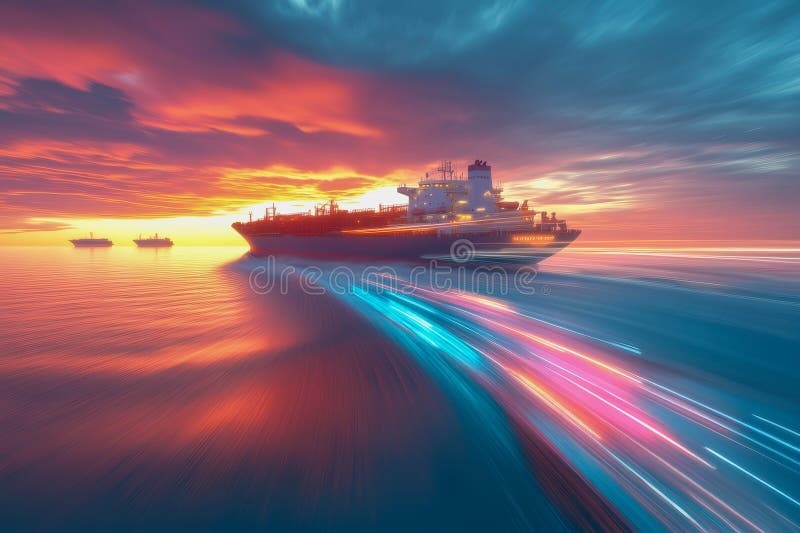 Colossal Cargo Ship Sailing at Sunset, Reflecting Vibrant Colors in the ...