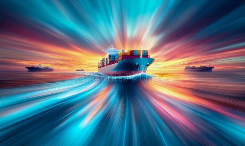 Colossal Cargo Ship Sailing at Sunset, Reflecting Vibrant Colors in the ...