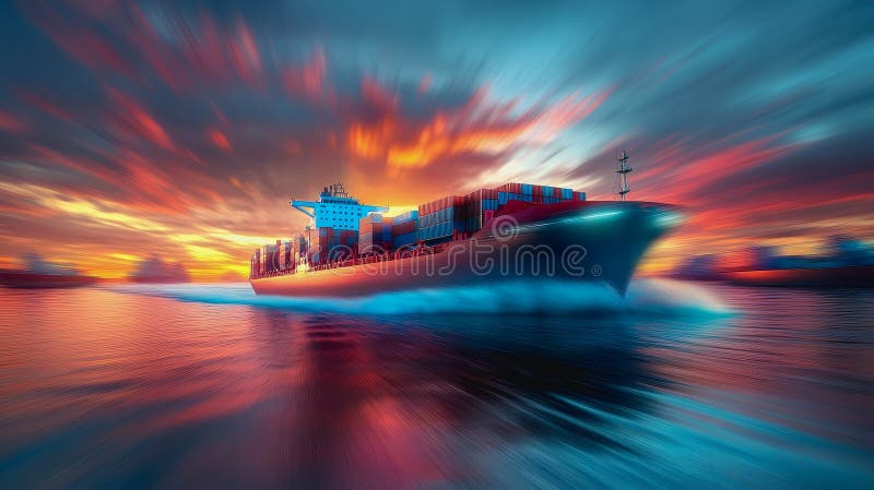 Colossal Cargo Ship Sailing at Sunset, Reflecting Vibrant Colors in the ...