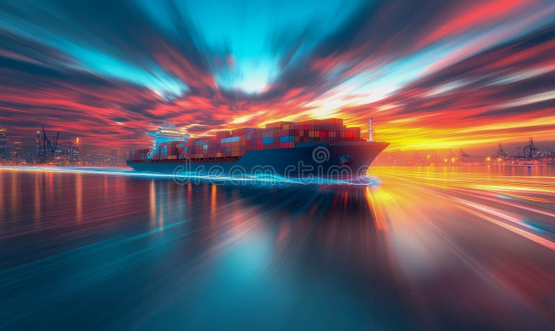 Colossal Cargo Ship Sailing at Sunset, Reflecting Vibrant Colors in the ...