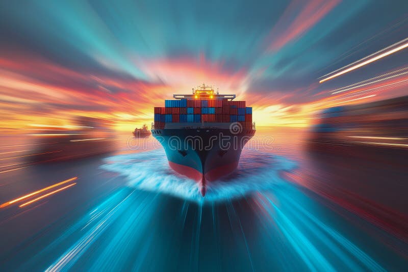 Colossal Cargo Ship Sailing at Sunset, Reflecting Vibrant Colors in the ...