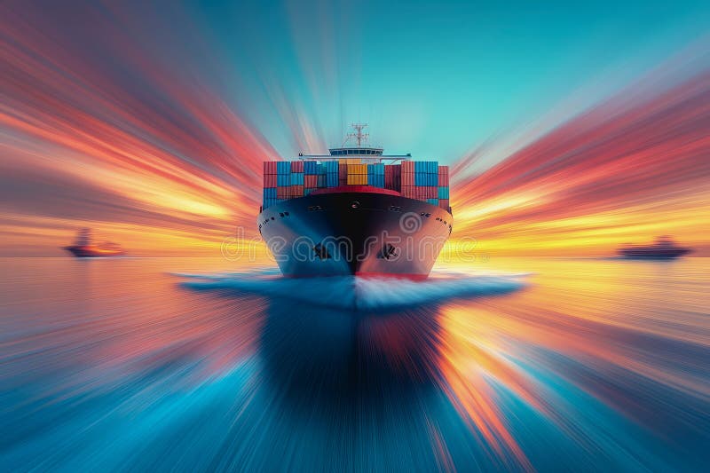 Colossal Cargo Ship Sailing at Sunset, Reflecting Vibrant Colors in the ...