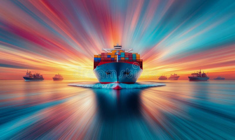 Colossal Cargo Ship Sailing at Sunset, Reflecting Vibrant Colors in the ...