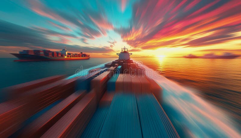 Colossal Cargo Ship Sailing at Sunset, Reflecting Vibrant Colors in the ...