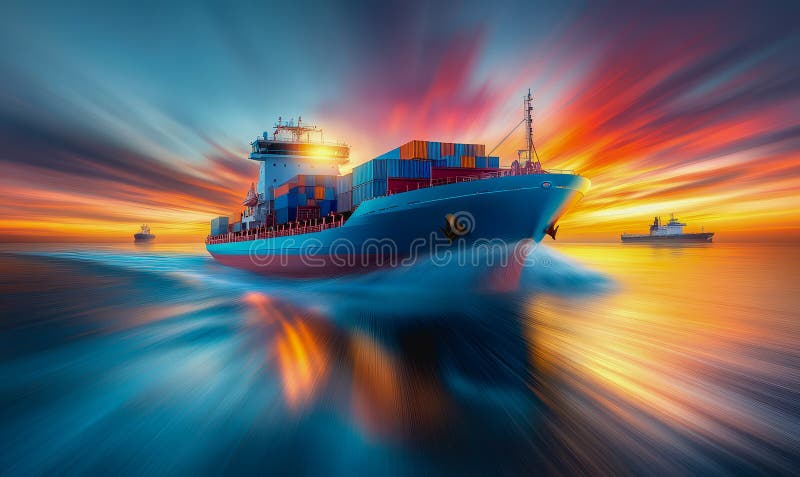 Colossal Cargo Ship Sailing at Sunset, Reflecting Vibrant Colors in the ...