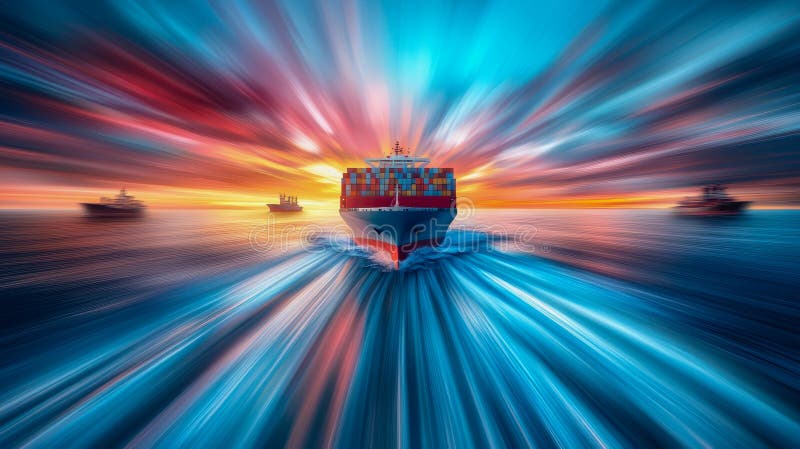 Colossal Cargo Ship Sailing at Sunset, Reflecting Vibrant Colors in the ...