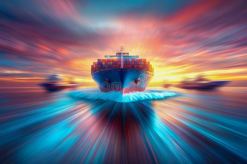 Colossal Cargo Ship Sailing at Sunset, Reflecting Vibrant Colors in the ...
