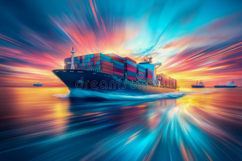 Colossal Cargo Ship Sailing at Sunset, Reflecting Vibrant Colors in the ...