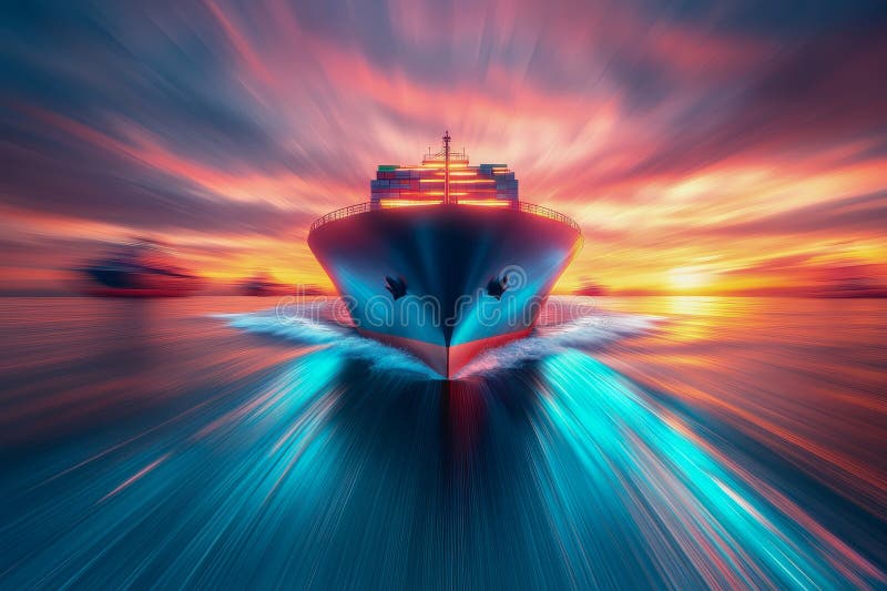 Colossal Cargo Ship Sailing at Sunset, Reflecting Vibrant Colors in the ...