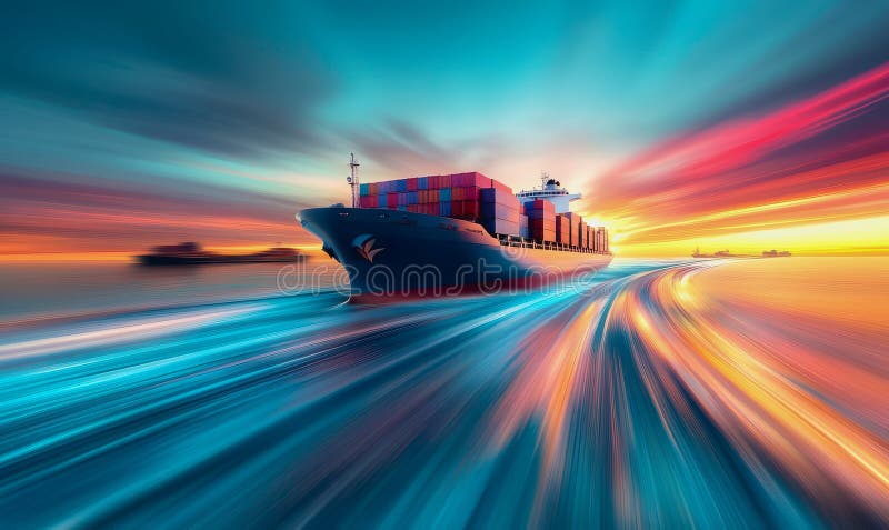 Colossal Cargo Ship Sailing at Sunset, Reflecting Vibrant Colors in the ...