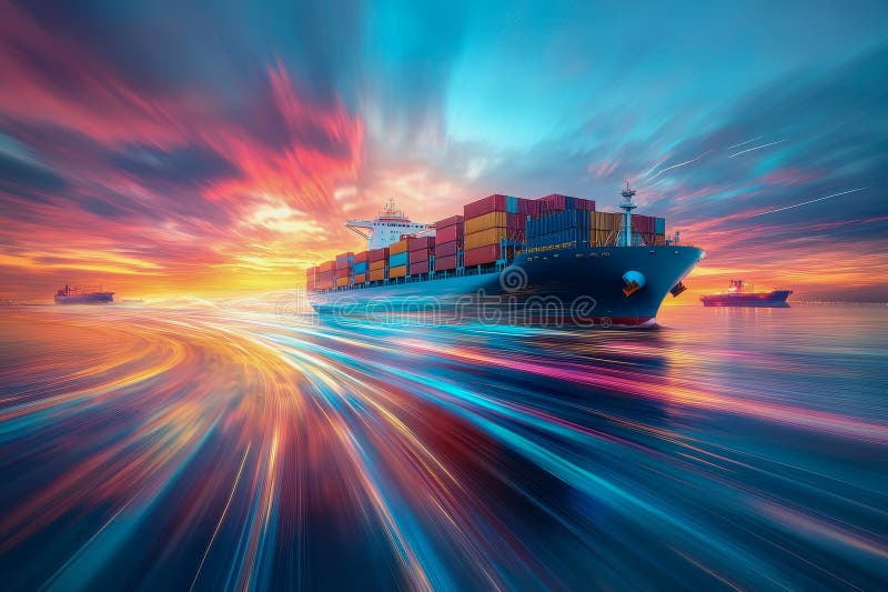 Colossal Cargo Ship Sailing at Sunset, Reflecting Vibrant Colors in the ...