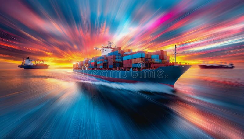Colossal Cargo Ship Sailing at Sunset, Reflecting Vibrant Colors in the ...