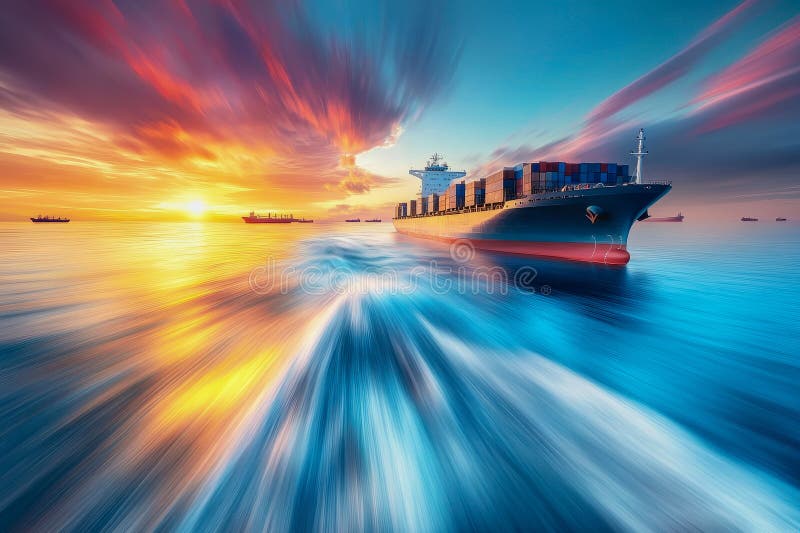 Colossal Cargo Ship Sailing at Sunset, Reflecting Vibrant Colors in the ...