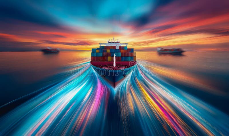 Colossal Cargo Ship Sailing at Sunset, Reflecting Vibrant Colors in the ...