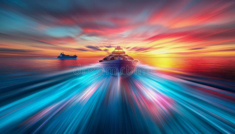 Colossal Cargo Ship Sailing at Sunset, Reflecting Vibrant Colors in the ...