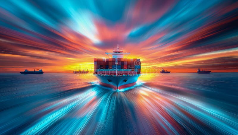 Colossal Cargo Ship Sailing at Sunset, Reflecting Vibrant Colors in the ...
