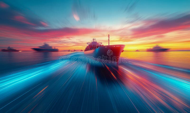 Colossal Cargo Ship Sailing at Sunset, Reflecting Vibrant Colors in the ...