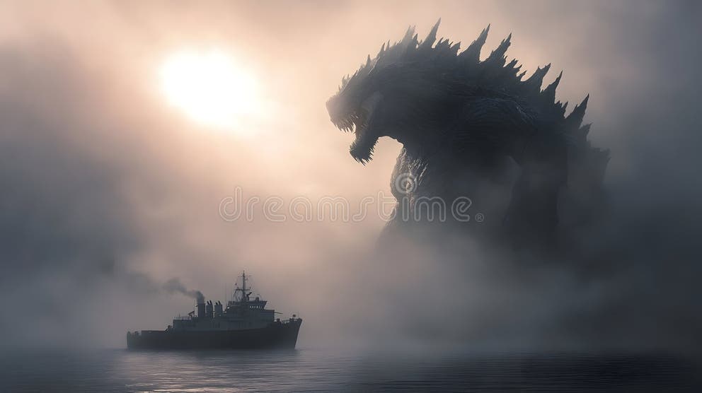 Colossal Creature Confronts Ship Amidst Misty Ocean Sunrise Stock Image ...