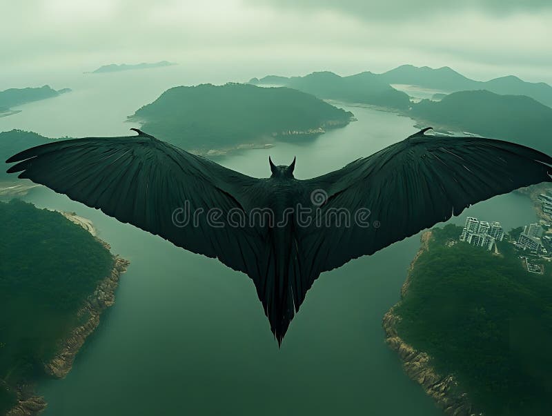 Giant Black Bird Soaring Over Coastal Landscape Stock Illustration ...