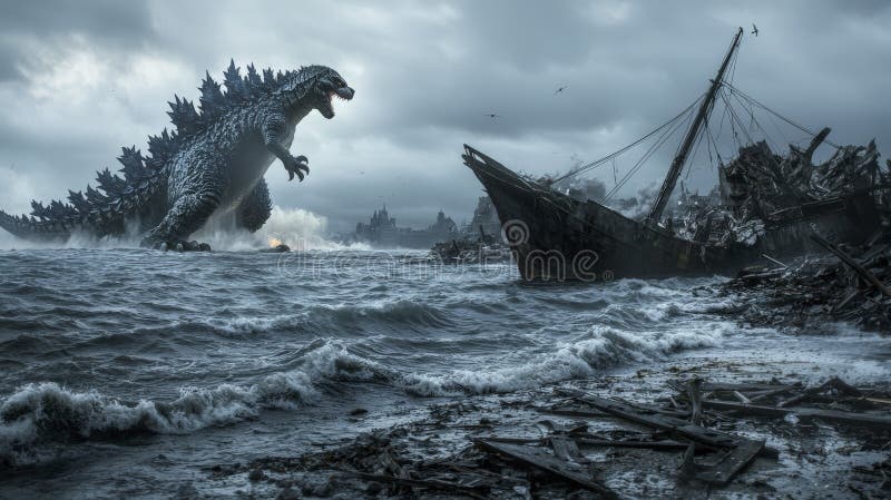 Dramatic Godzilla Emerges from Ocean in Coastal Ruins Fantasy Scene ...