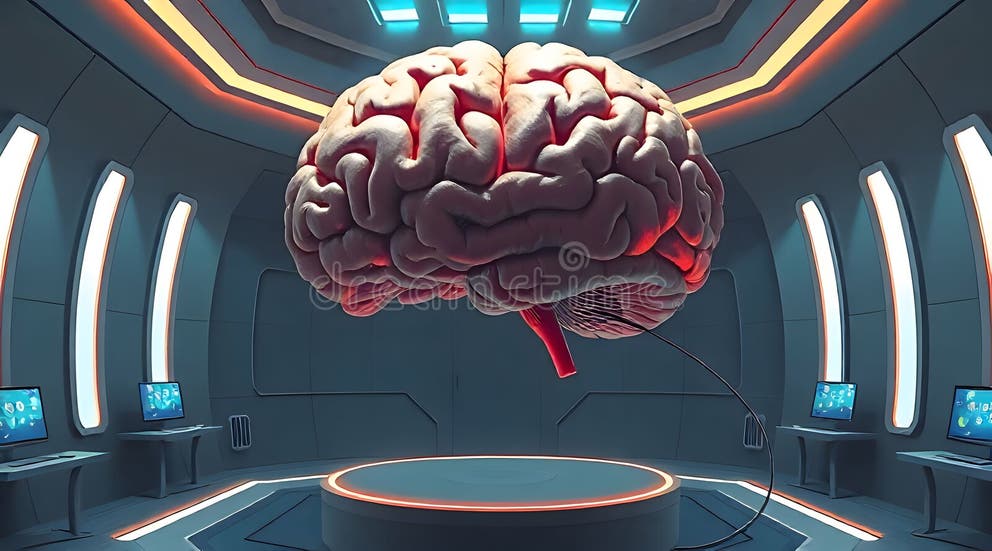 A Colossal Human Brain Connected To One or More Computers. Stock ...