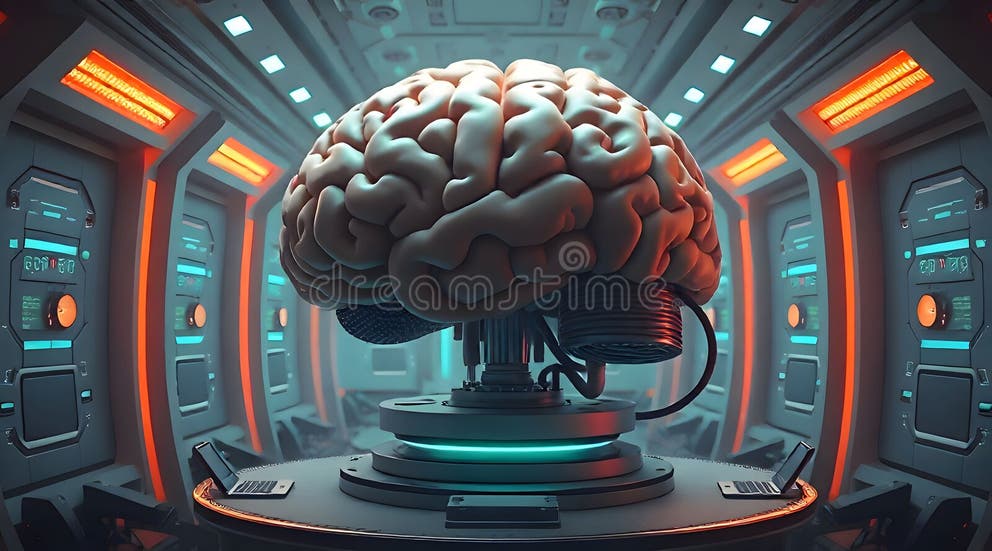 A Colossal Human Brain Connected To One or More Computers. Stock ...