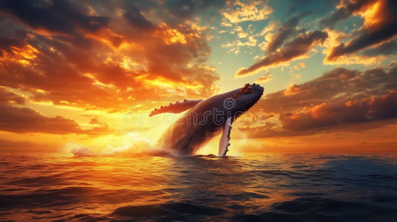 A Colossal Humpback Whale Leaps Gracefully from the Ocean, Silhouetted ...
