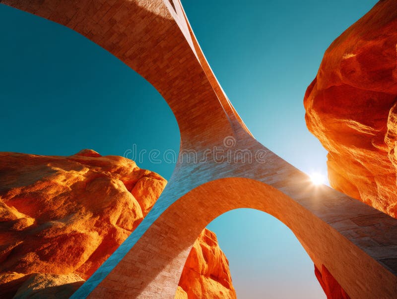 Colossal Modern Stone Arch Bridge Intersecting Above Canyon Under Clear ...