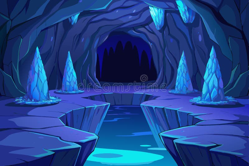 Colossal Obsidian Stone with Shimmering Blue Water in a Deep Cave ...