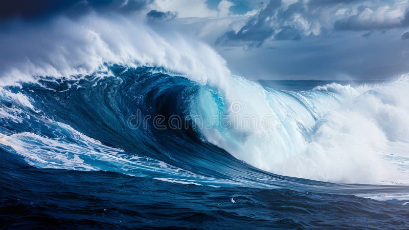 Colossal Ocean Wave Against Clear Blue Sky, Powerful Side View ...