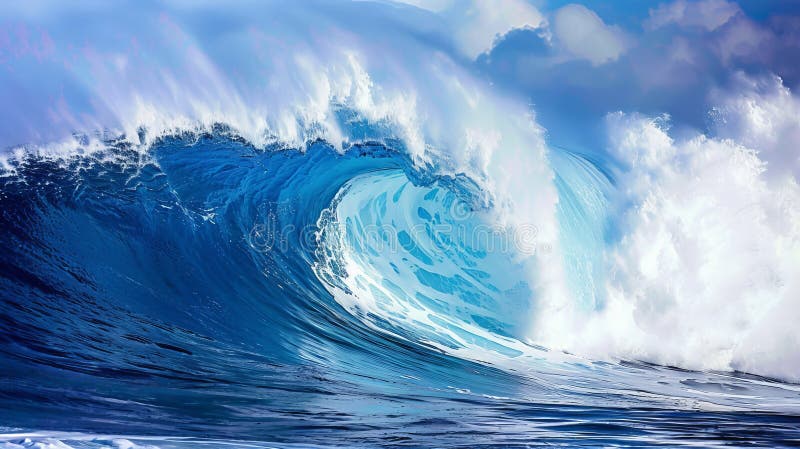 Colossal Ocean Wave Crashing Under Blue Sky, Dramatic Side View of ...