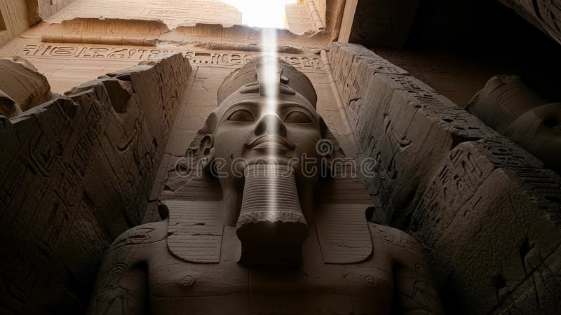 Colossal Pharaoh Statue in Sunlight with Glinting Eye and Drifting Dust ...