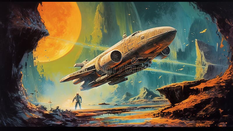 Colossal Retro Spaceship Against a Dramatic Alien Sky. Vintage 60s Sci ...