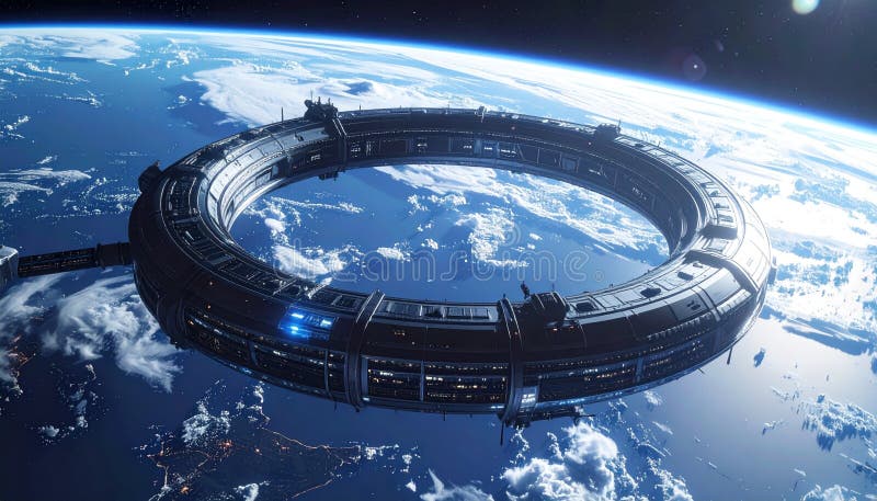 Sci-Fi Space Station in High Orbit Above Earth Stock Illustration ...